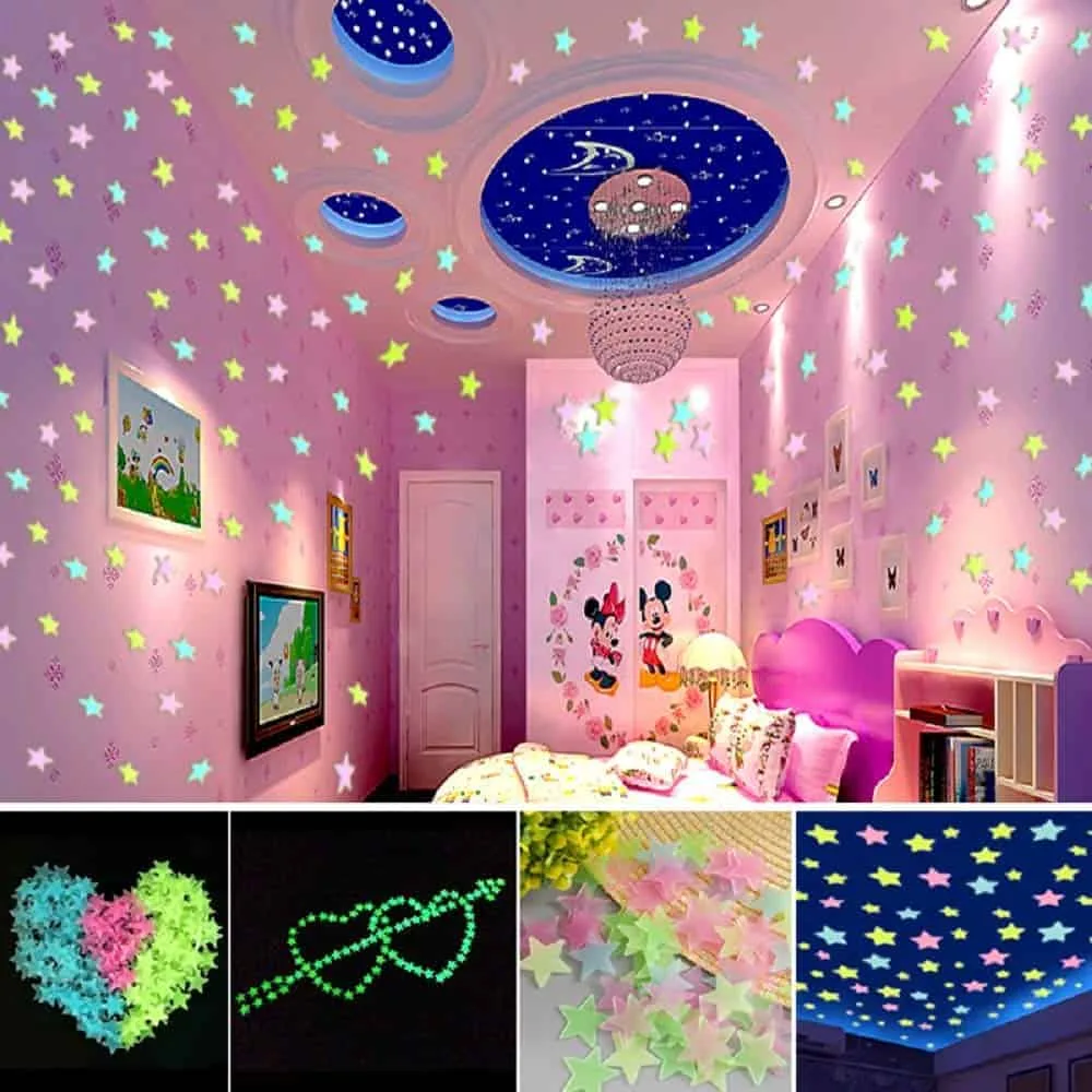 100pcs 3CM 3D Luminous Star Wall Sticker Fluorescent Kids Bedroom Ceiling Home Dark Star Wall Stickers Festivel Decor Color Pink